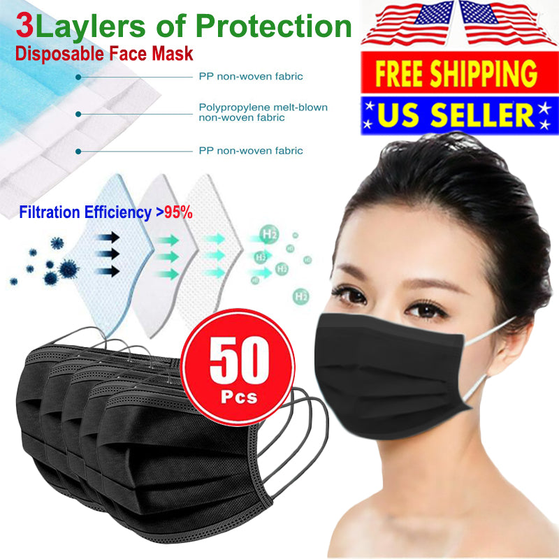 50 PCS Face Mask Non Medical Surgical Disposable 3Ply Earloop Mouth Co ...