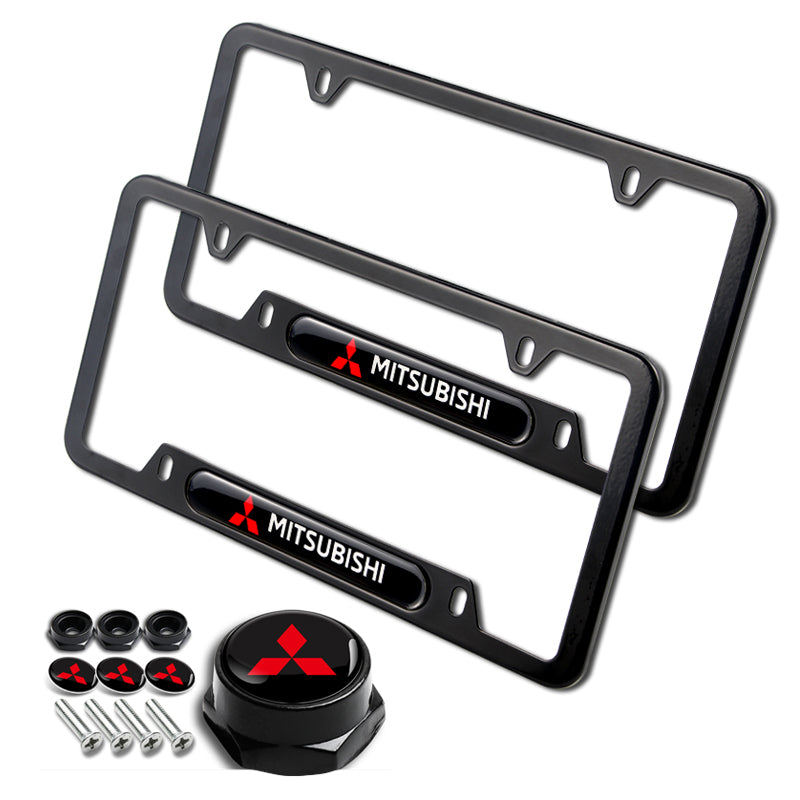 MITSUBISHI Stainless Steel 2pcs Black License Plate Frame with Caps Bo ...
