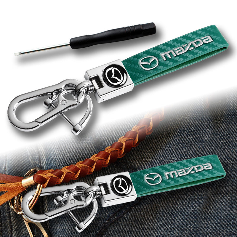 MAZDA Universal Chrome 3D Logo Carbon Fiber Look Green Leather Metal G ...